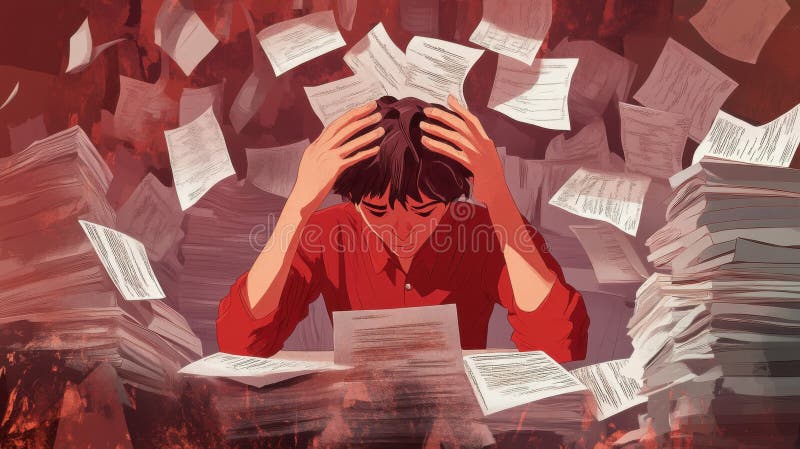 Stressed Man Overwhelmed by Documents, Sitting at Desk Surrounded by ...