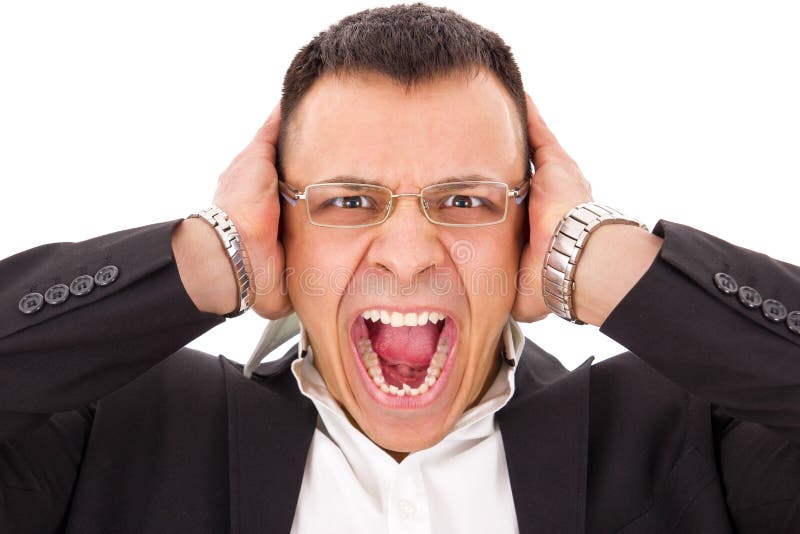 Angry Man Listening To Loud Music With Headphones Stock Image - Image ...