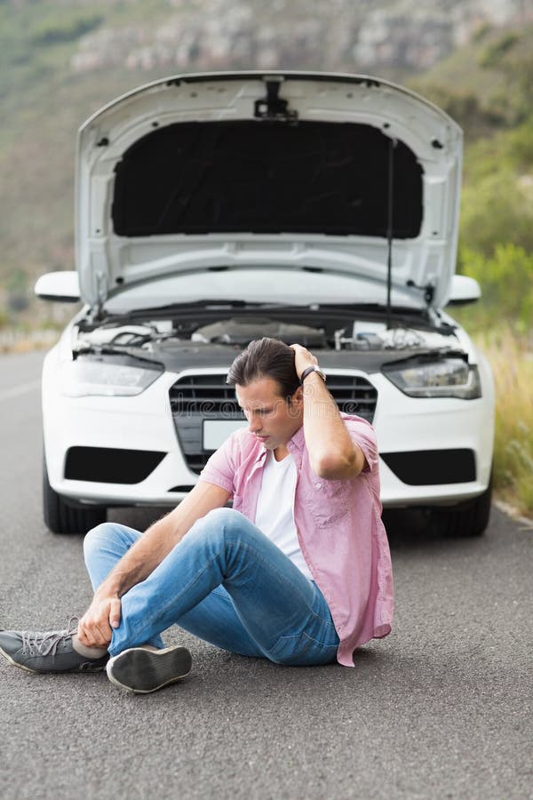 Stressed Man Sitting after a Car Breakdown Stock Image - Image of ...