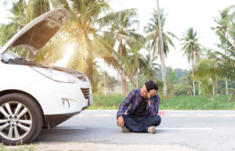 Stressed Man Sitting after a Car Breakdown Stock Photo - Image of ...