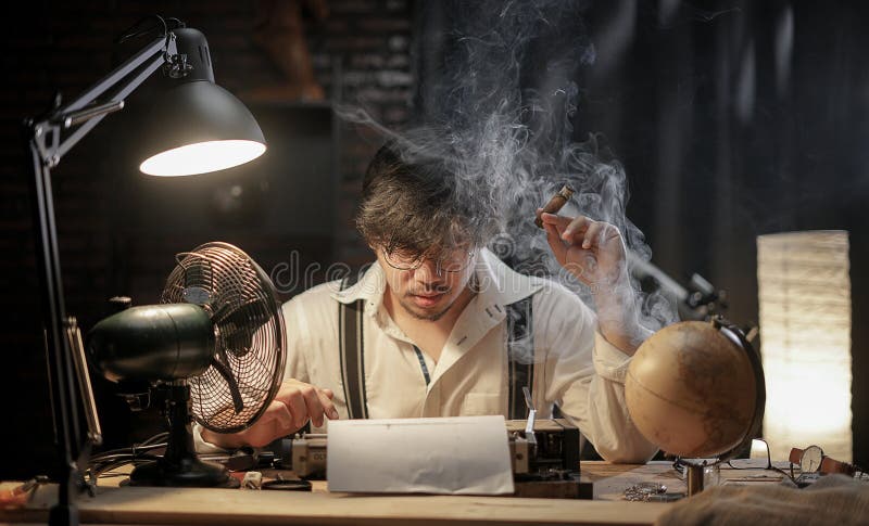 Stressed Man Smoking Cigar To Find Inspiration for Typewriting Work ...