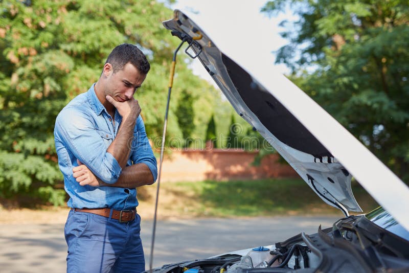 Stressed Man Standing by a Broken Car Stock Image - Image of road ...