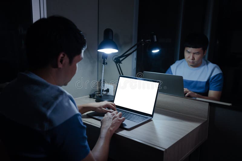 Stressed Man Working with Laptop at Night (with Clipping Path Stock ...