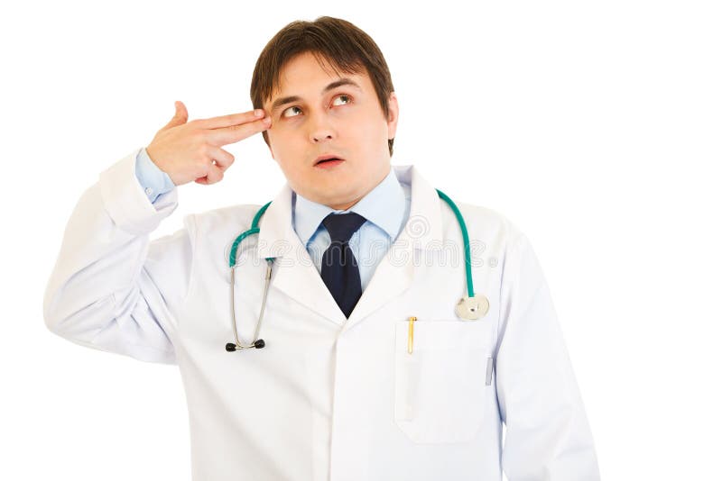 Stressed Medical Doctor with Gun Shaped Hand Stock Photo - Image of ...