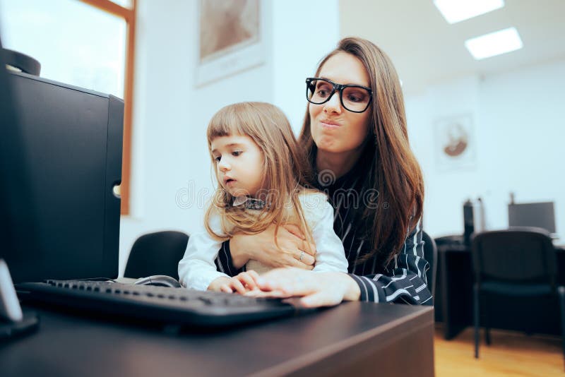 Stressed Mom Unable To Properly Do Her Work Holding Her Child Stock ...
