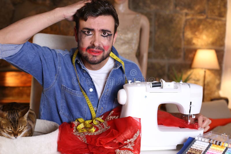 Stressed Out Drag Queen Using Sewing Machine Stock Photo - Image of ...