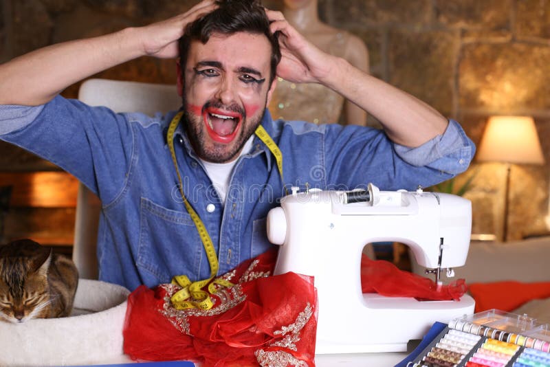 Stressed Out Drag Queen Using Sewing Machine Stock Photo - Image of ...