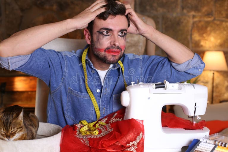 Stressed Out Drag Queen Using Sewing Machine Stock Image - Image of ...