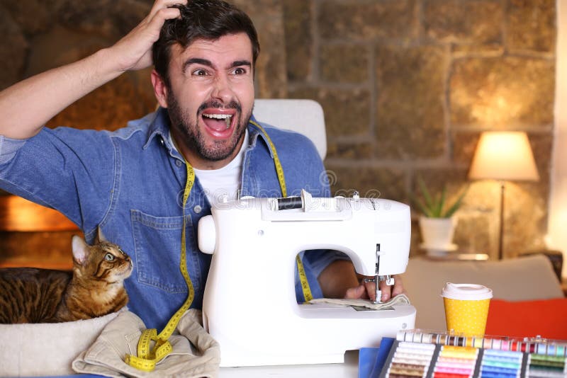 Stressed Out Man while Using Sewing Machine Stock Photo - Image of ...