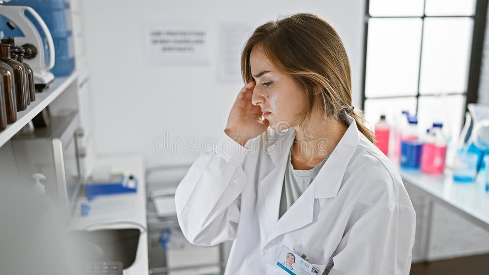 Stressed Out Young, Blonde Female Scientist Suffering a Headache ...