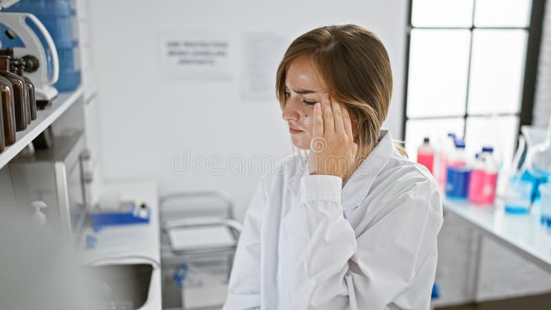 Stressed Out Young, Blonde Female Scientist Suffering a Headache ...