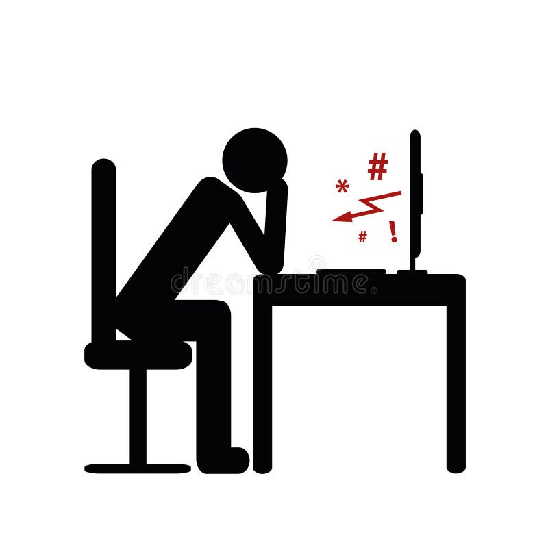 Stressed Person Working On Computer Vector Cartoon Stick Figure