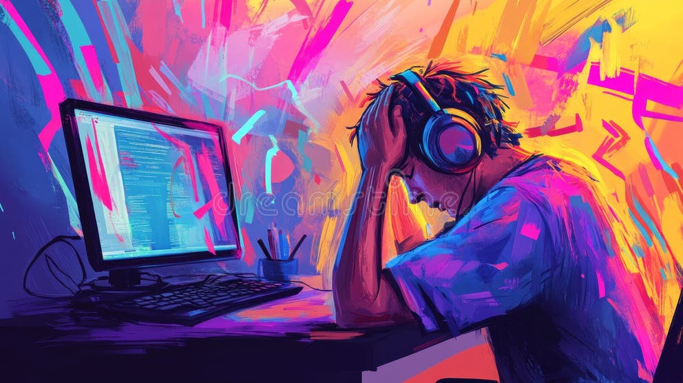 Stressed Programmer with Headphones Looking at Code Stock Illustration ...