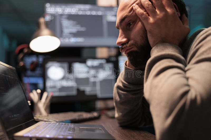 Stressed Sad Developer Programming Server Database Stock Image - Image ...