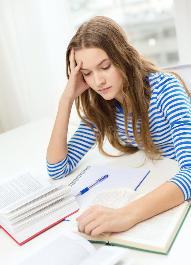 Stressed Student Girl with Books Stock Photo - Image of beautiful ...