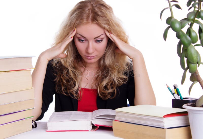 Stressed Student Girl with Pile of Books Isolated Stock Photo - Image ...
