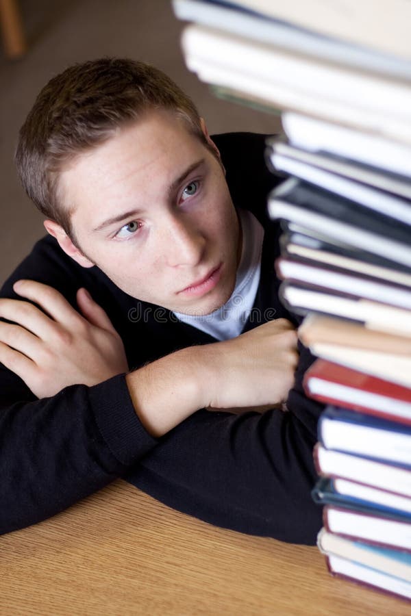 Stressed Student Looks at Books Stock Image - Image of homework, high ...
