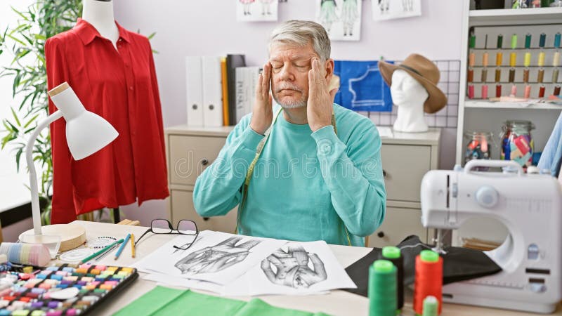 Stressed Tailor Man in Atelier with Sewing Machine and Garments Stock ...