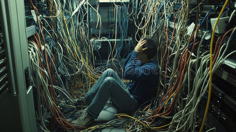 Stressed Technician Holding Head in Hands while Sitting on Floor of ...