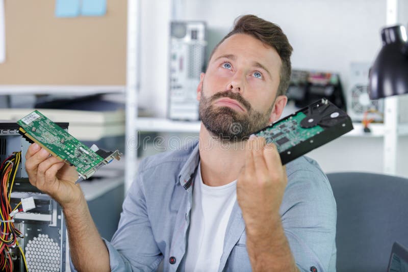 Stressed Technician Working Laptop Stock Image - Image of occupation ...