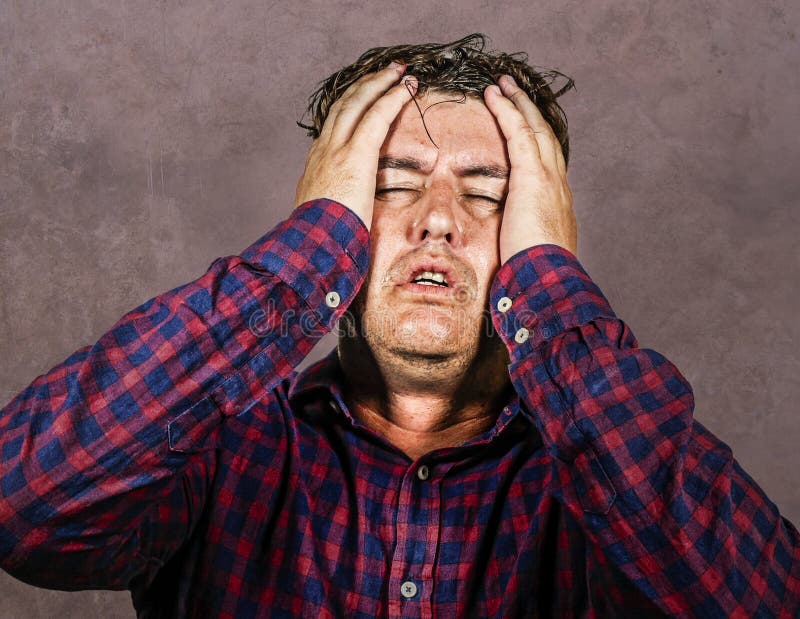 Stressed White Man Holding Head with Hands in Crazy Stress and ...