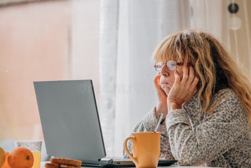 Stressed Woman with Computer in Cup at Home Stock Image - Image of ...
