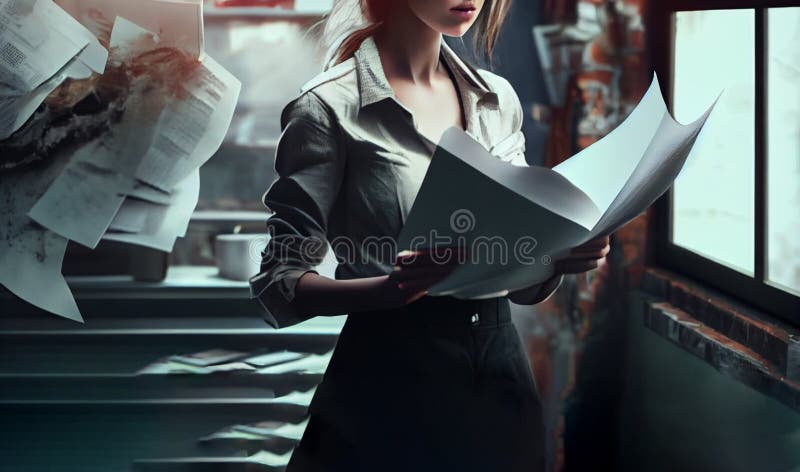 Stressed Woman Doing Paperwork at Modern Workplace. Stress Concept, AI ...