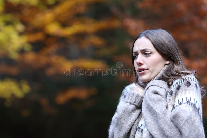 Stressed Woman Getting Cold in Autumn in a Park Stock Photo - Image of ...