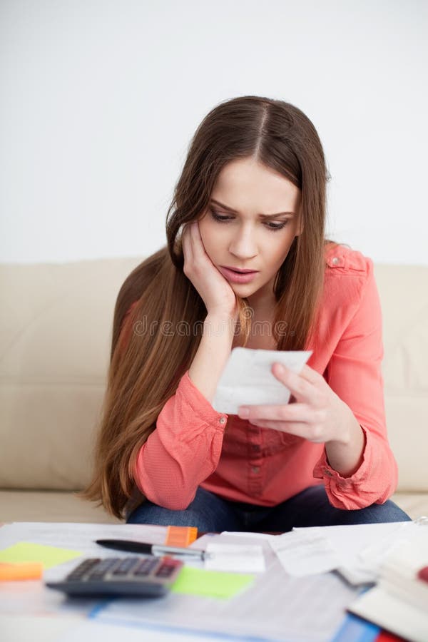 Stressed Woman Looking at Bills Stock Photo - Image of calculating ...