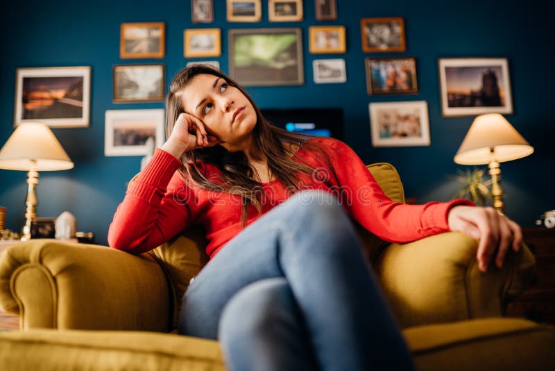 Stressed Sad Woman in Bad Mood Overthinking Problems,looking at the Sea ...