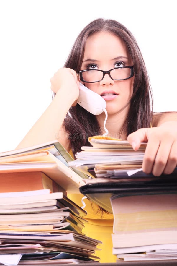 Stressed Woman in Phone Sitting at Desk Overload Stock Photo - Image of ...