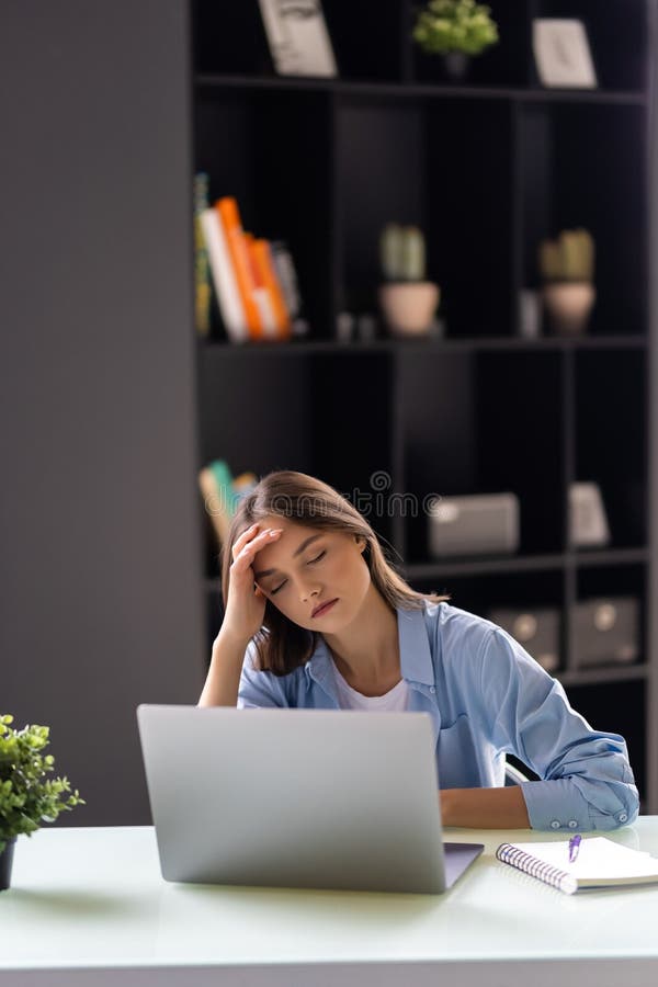 Stressed Woman Sitting at Desk Working from Home Office Stock Image ...