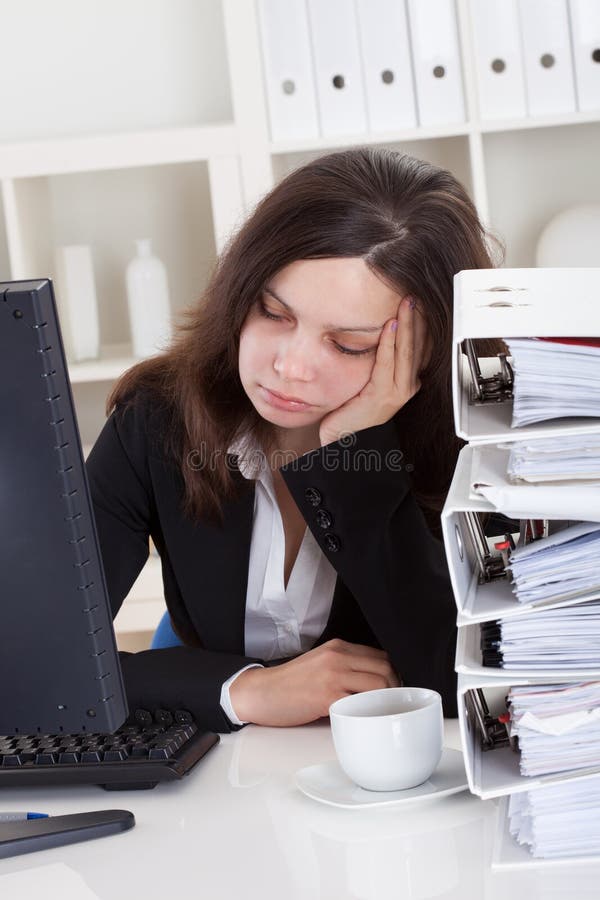 Stressed Woman Sleeping in Office Stock Image - Image of heap ...