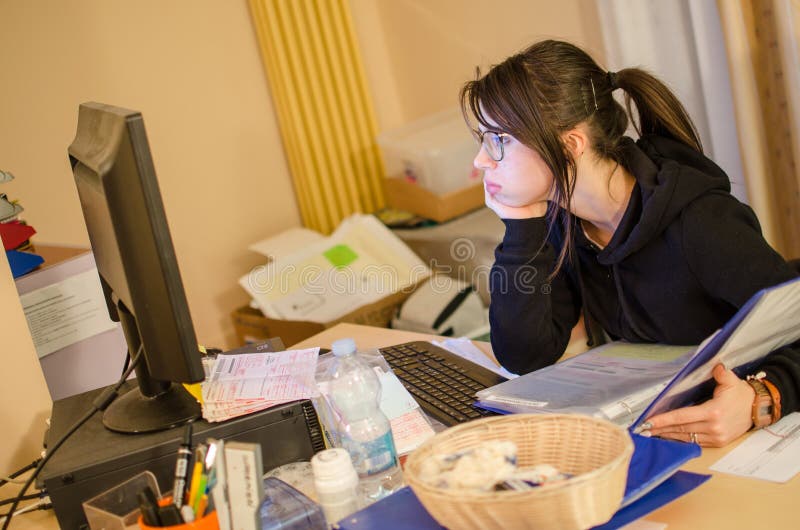 Stressed Woman at Work with Computer in Front of Her Stock Image ...