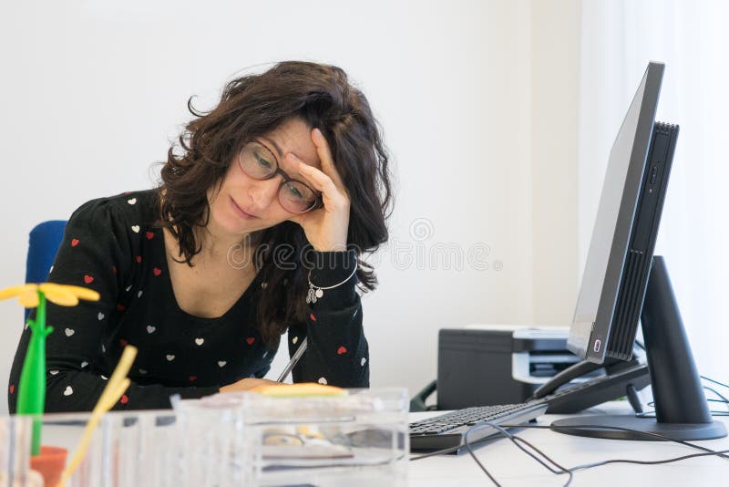 Stressed Woman at Work into Office in Front Computer Stock Photo ...