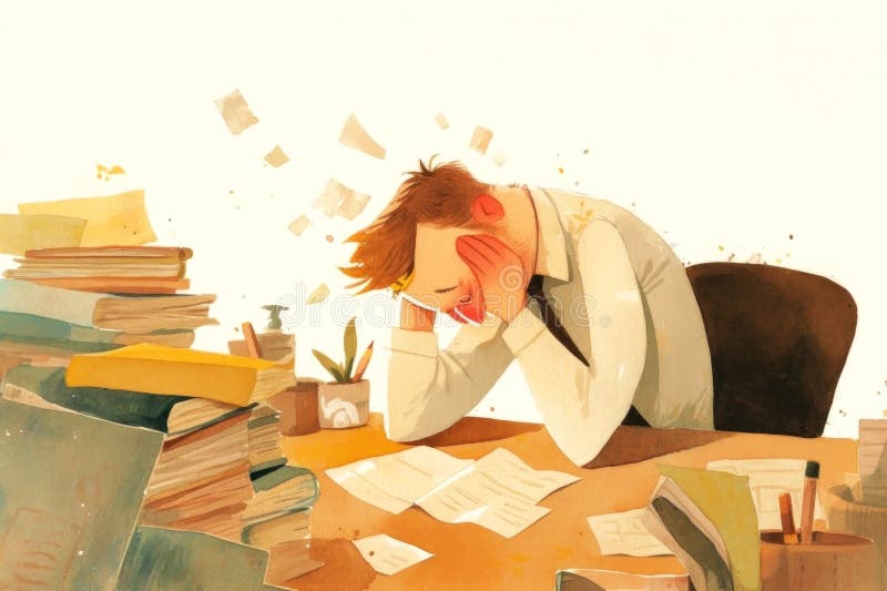 A Stressed Worker Surrounded by Stacks of Papers, Capturing the Chaos ...