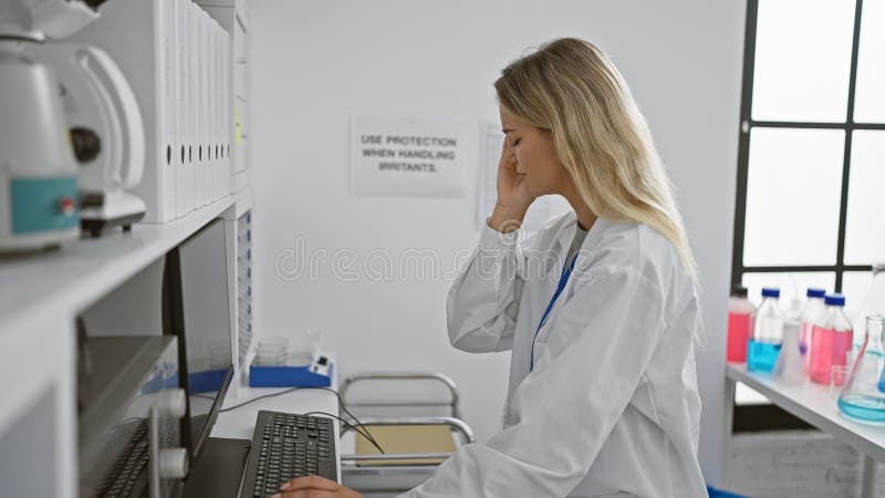 Stressed Young Blonde Woman Scientist in White Lab Coat Working at ...