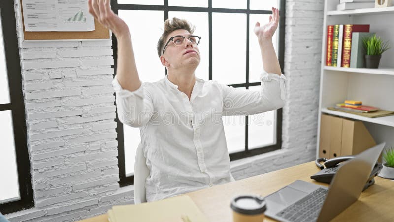 Stressed Young Caucasian Business Worker at the Office Table, Throwing ...