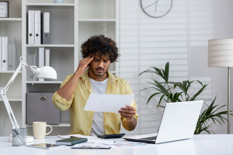 Young Professional Man Working Computer Reviewing Documents Modern ...