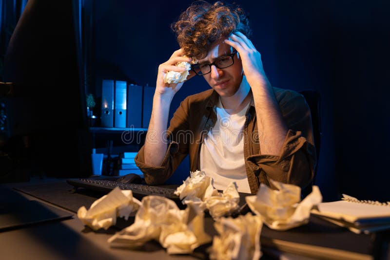 Stressful Creative Working Overworked Project Surrounded Crumpled Paper ...