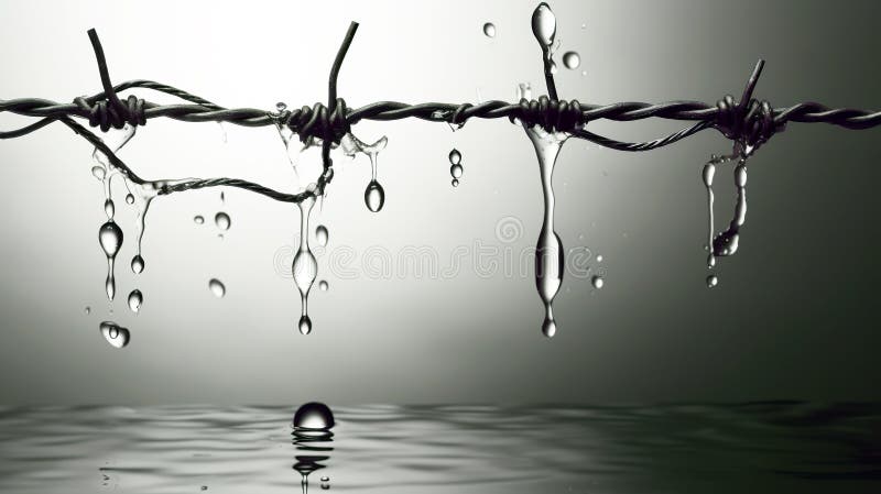 A Stretched Barbed Wire with Water Drops Above the Water. Stock ... A Stretched Barbed Wire with Water Drops Above the Water. Stock ...