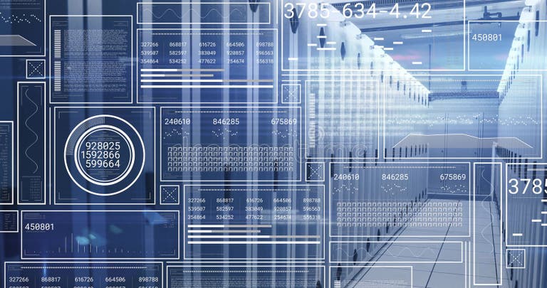 Stretching White Server Cabinets Lining Secure Data Center Corridor, with Numeric Display ...