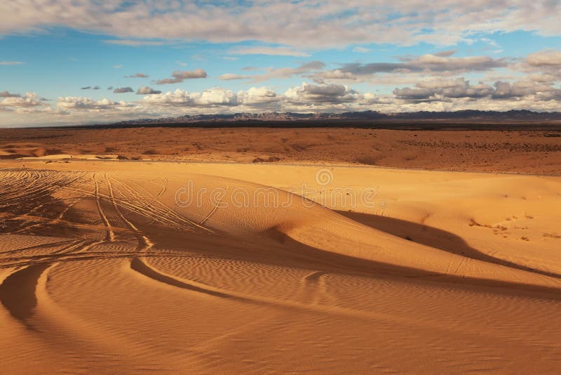 Striated Desert Sand Patterns Criss-crossed by Buggies Stock Photo ...