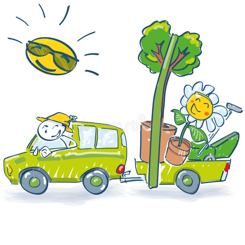 Stick Figure Drives with a Trailer and Flowers into the Spring Stock ...