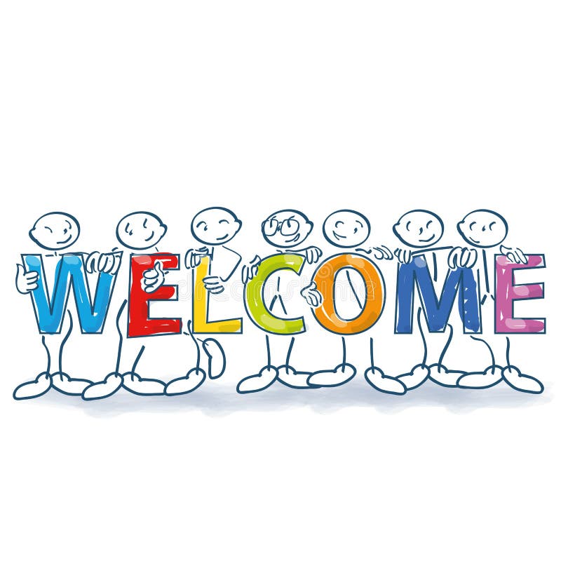WELCOME Stick Figures Holding Golden Balloon Letters, Welcome Address ...
