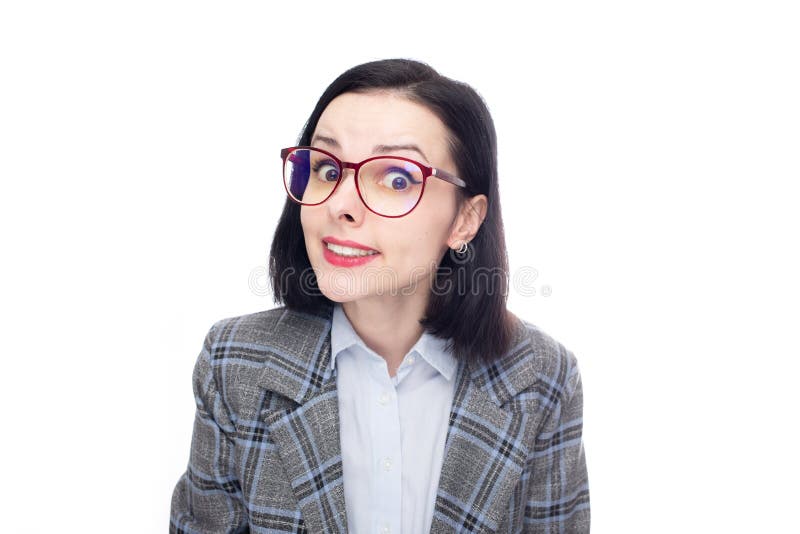 Strict Female Manager In A Blue Shirt Office Suit And Glasses White