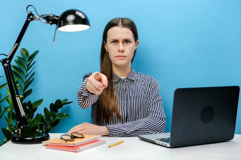Strict Serious Employee Woman 20s In Shirt Sit Work At Office Desk With