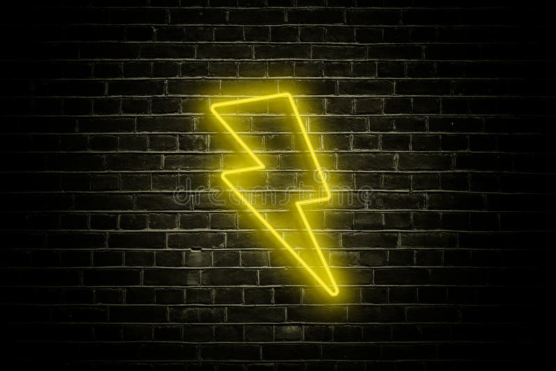 Lightning Neon Sign Over Black Brick Wall Stock Photo - Image of bold ...