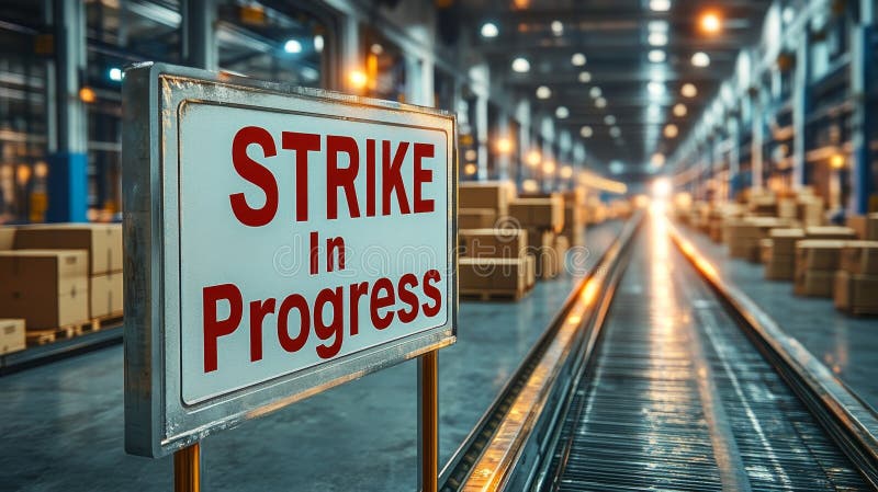 Strike in Progress Sign, Distribution Warehouse with Conveyor Belt Full ...