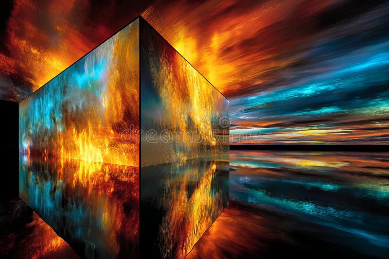 A Striking Abstract Cube Structure Reflecting a Dynamic Sunset Sky. a ...